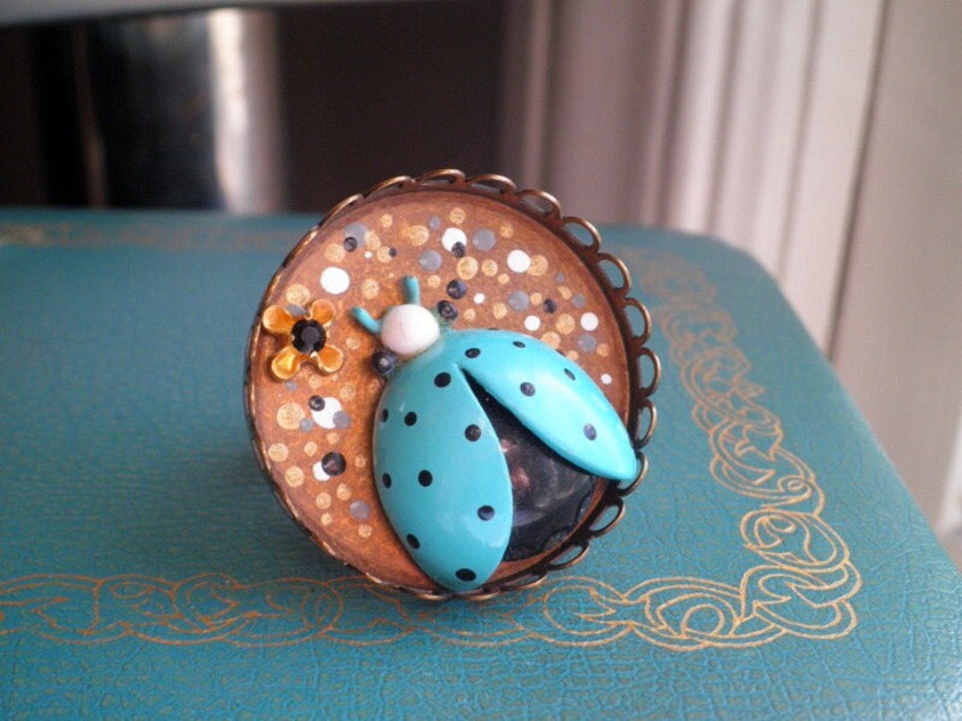 Vintage Ladybug Statement Ring, Enamel Insect Cocktail Ring, Adjustable ...