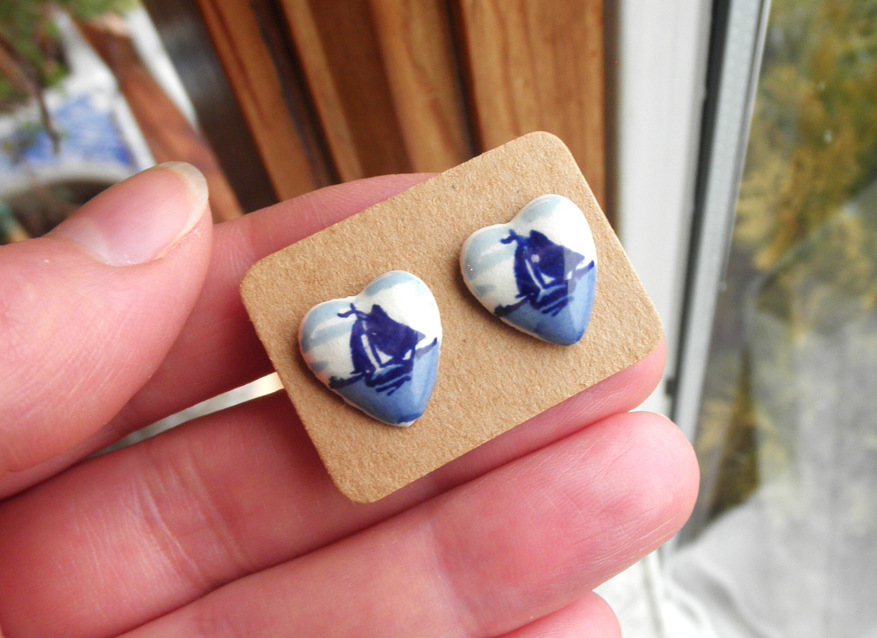 Heart Stud Earrings Vintage Delft Blue Sailboat Cabochon Studs Mid ...