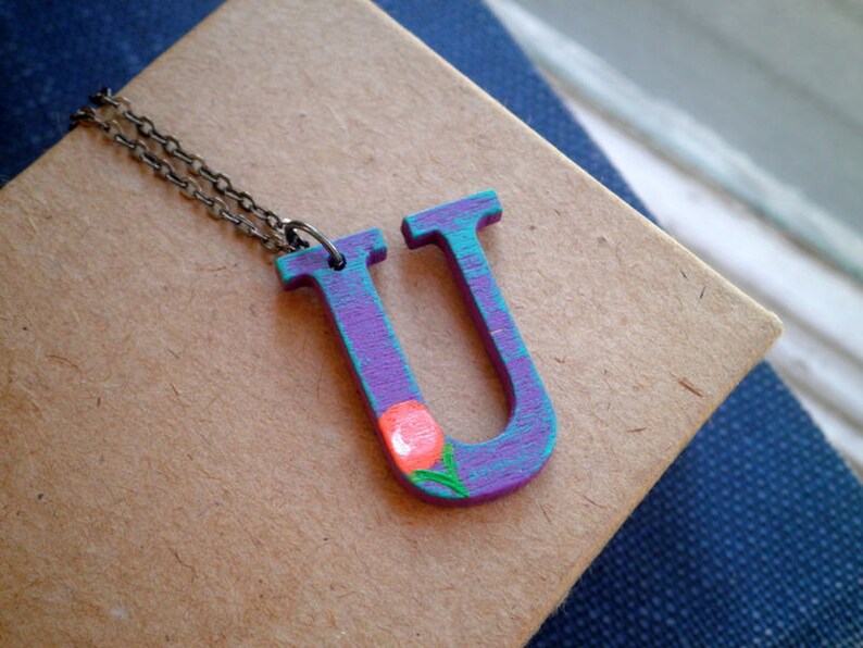 Letter U Initial Charm Necklace - Hand Painted Floral Letter U Wood ...