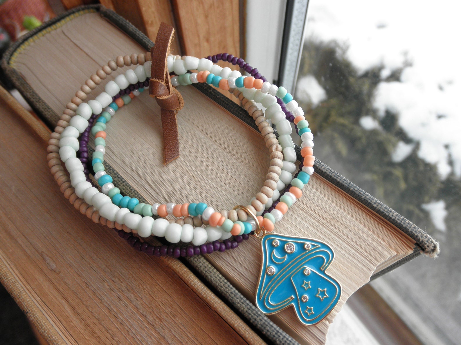 Blue Enamel Mushroom Charm Bracelet – Boho Beaded Stretch Jewelry - Etsy