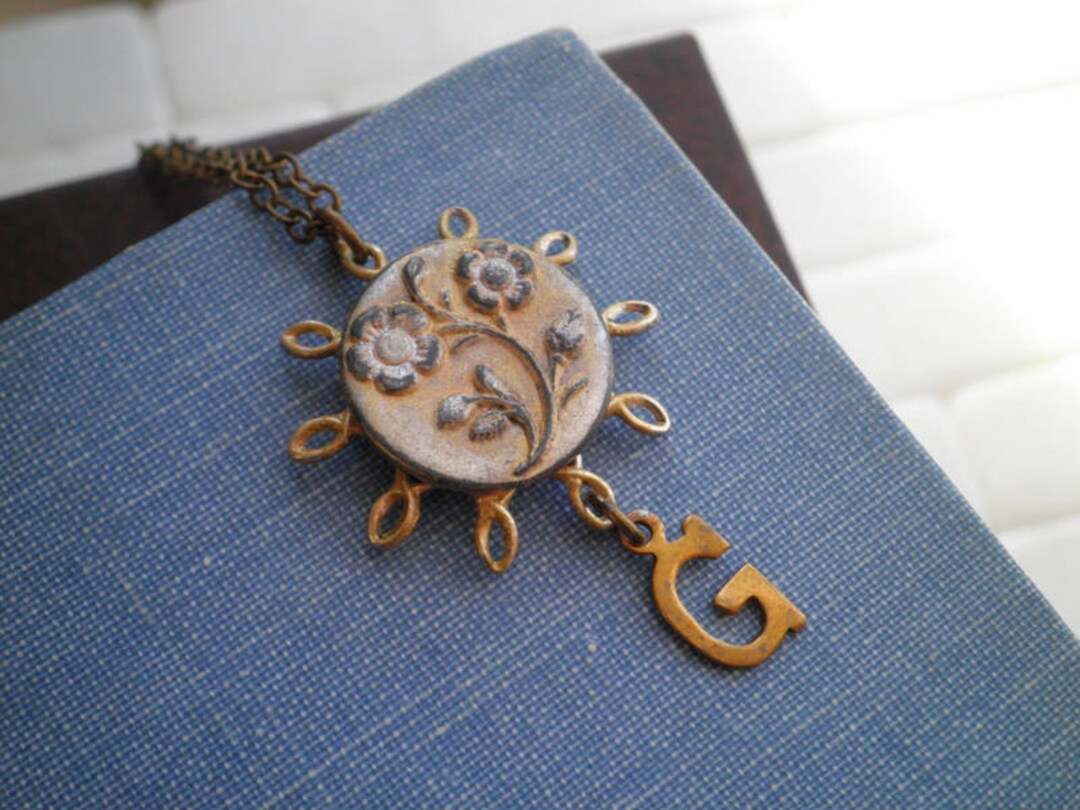 Brass Letter G Vintage Button Charm Necklace - Initial G Mixed Metal ...