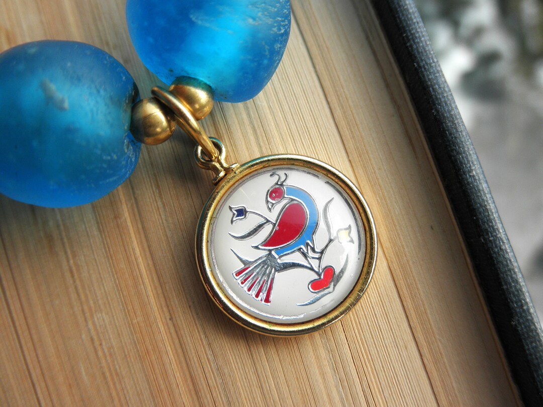 Hex Charm Bracelet Vintage Folk Art Bird Charm Beaded Bracelet Chunky ...