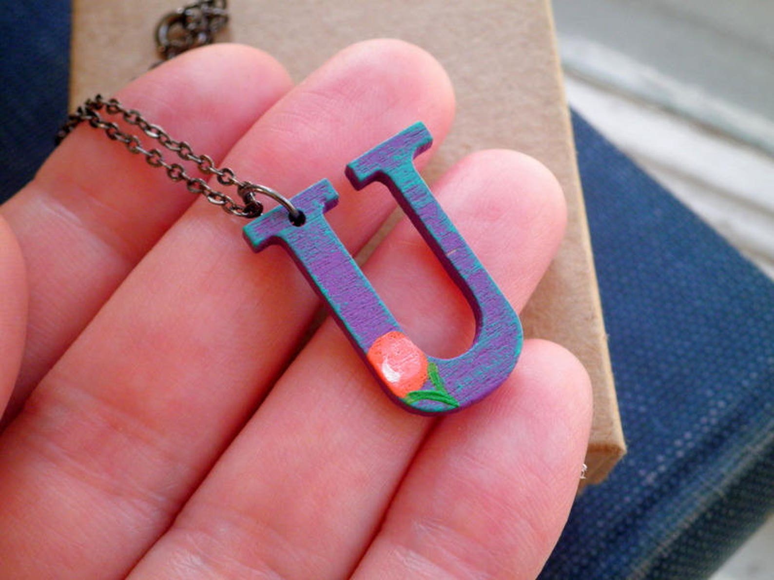 Letter U Initial Charm Necklace - Hand Painted Floral Letter U Wood ...