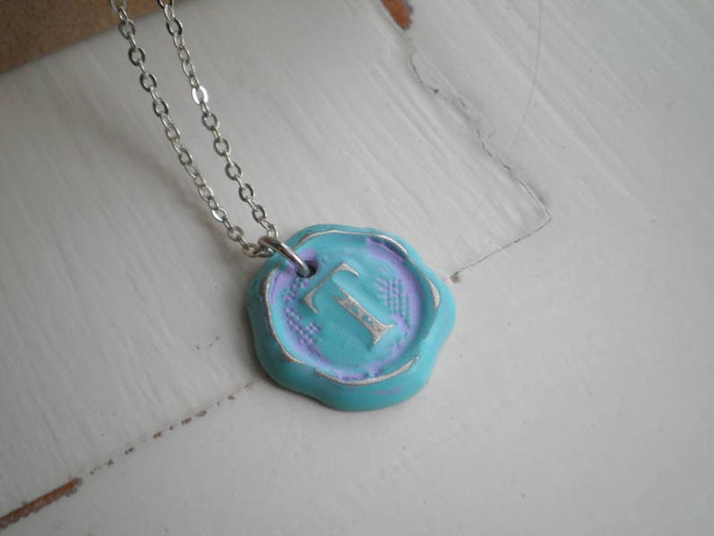 Initial T Charm Necklace - Blue Purple Wax Seal Boho Pendant - Etsy