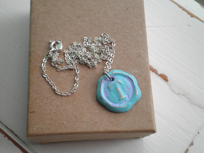 Initial T Charm Necklace - Blue Purple Wax Seal Boho Pendant - Etsy