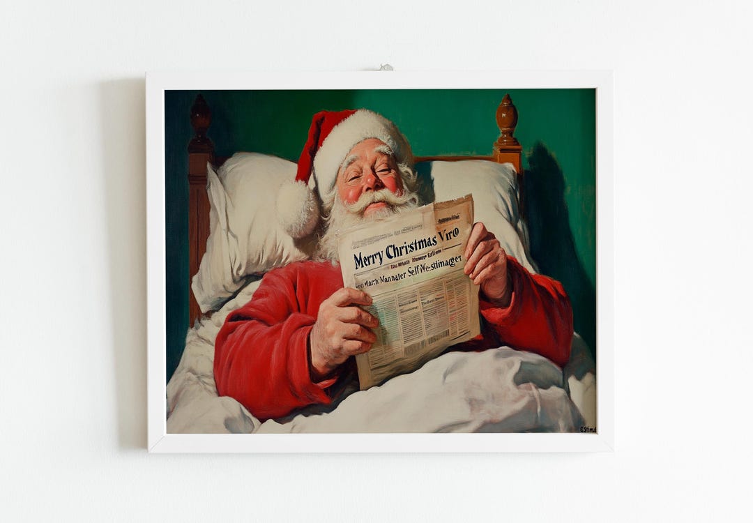 Vintage Santa Reading Newspaper Cozy Christmas Canvas Art for Holiday ...
