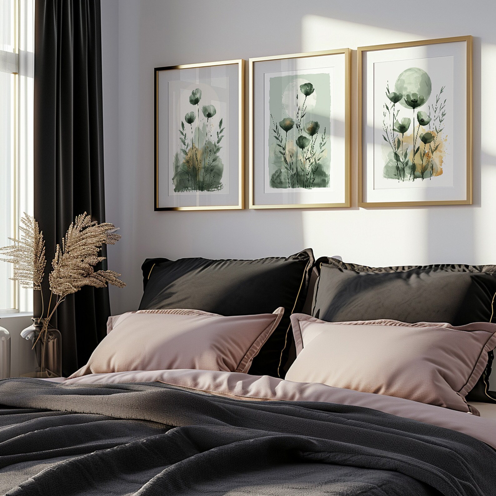 Set of 3 Green Wildflower Green Watercolour Prints, Botanical Wall Art ...