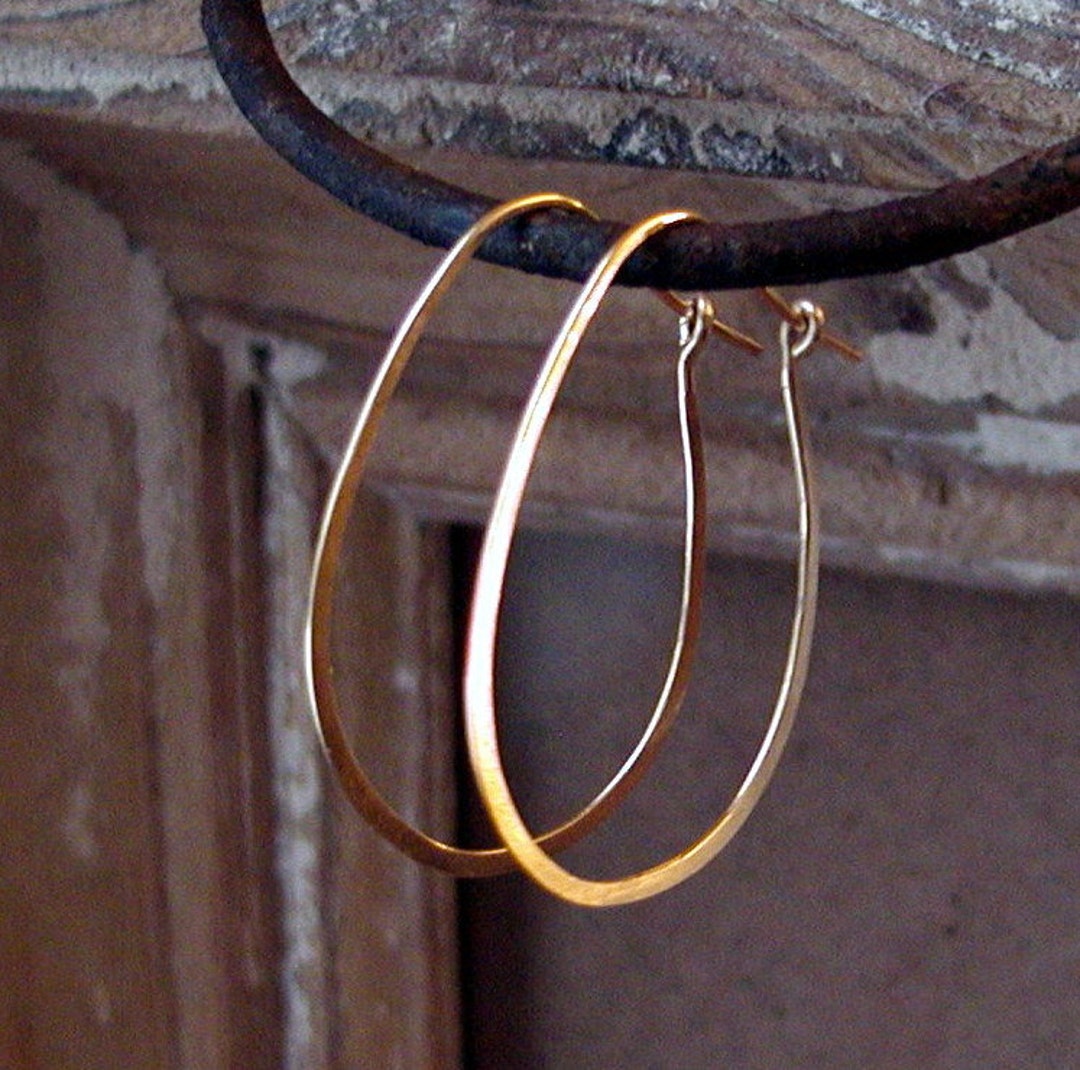 Hand Forged 14K Gold Filled Hoop Earrings, Lightweight Oval Hoops 2" - Etsy