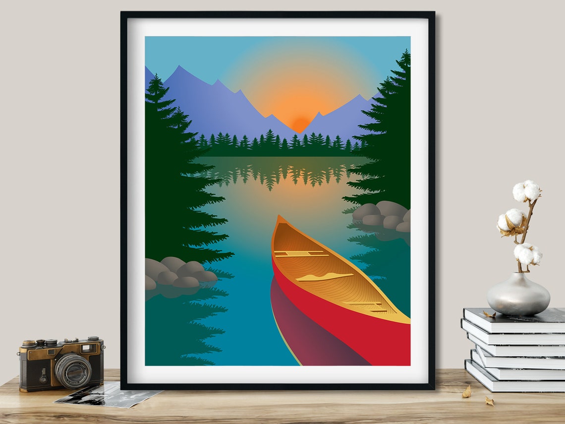 Canoe Art Print, Adventure Awaits Rustic Wall Decor, Red Canoe Lake ...