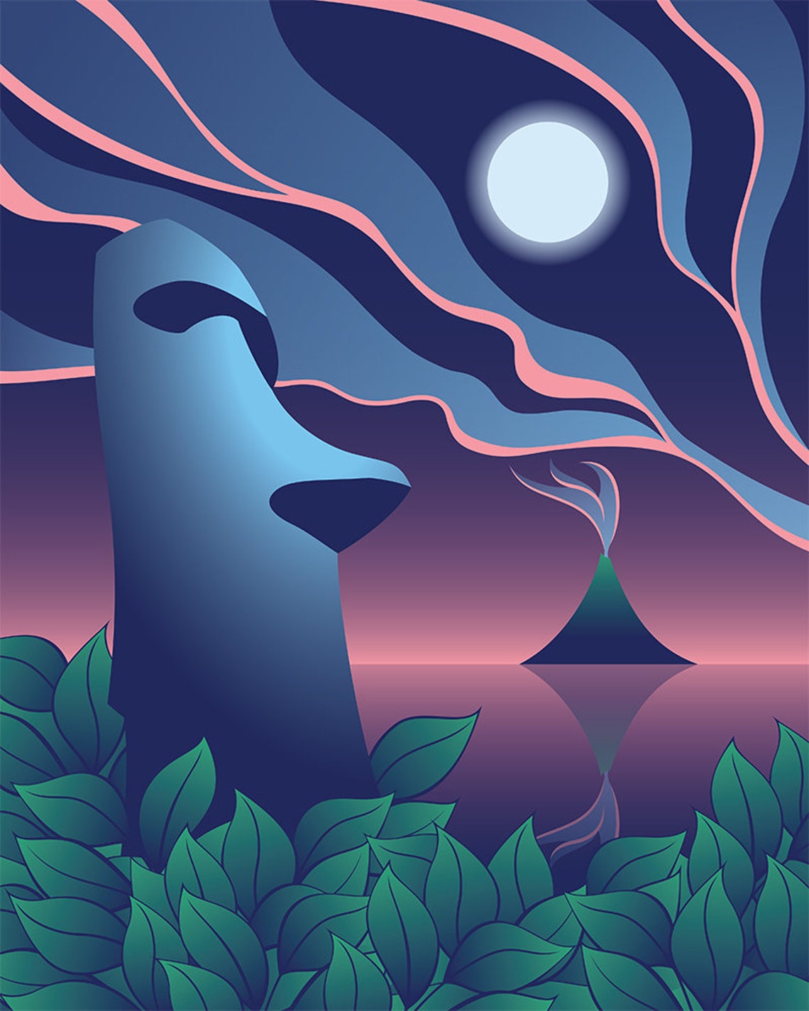 Moai Moon Art Print, Tropical Retro Wall Decor, Tiki Bar Fantasy Poster ...