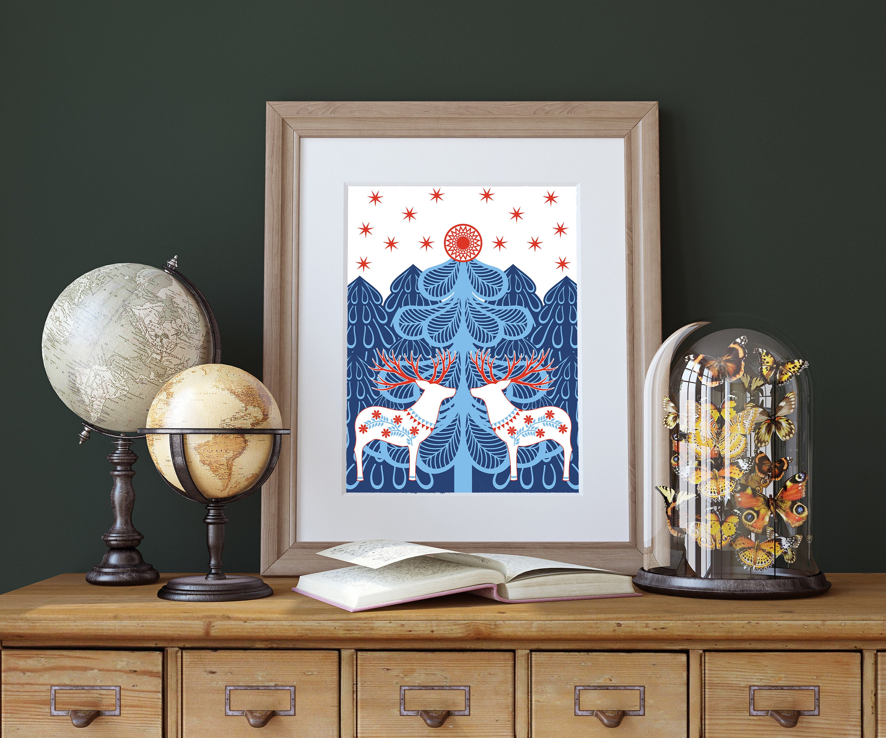 Nordic Reindeer Folk Art Prints, Scandi Woodland Holiday Home Decor ...