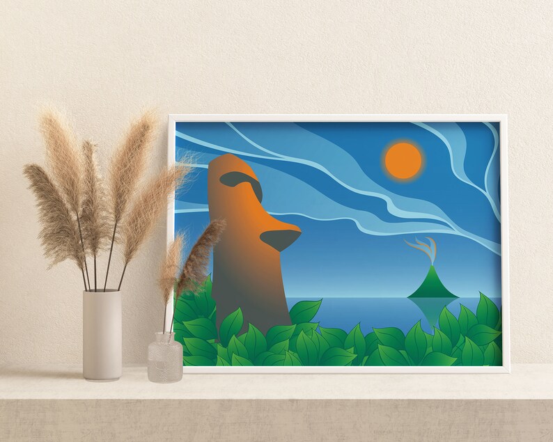 Moai Statue, Tiki Art Print, Tropical Retro Wall Decor, Tiki Bar ...