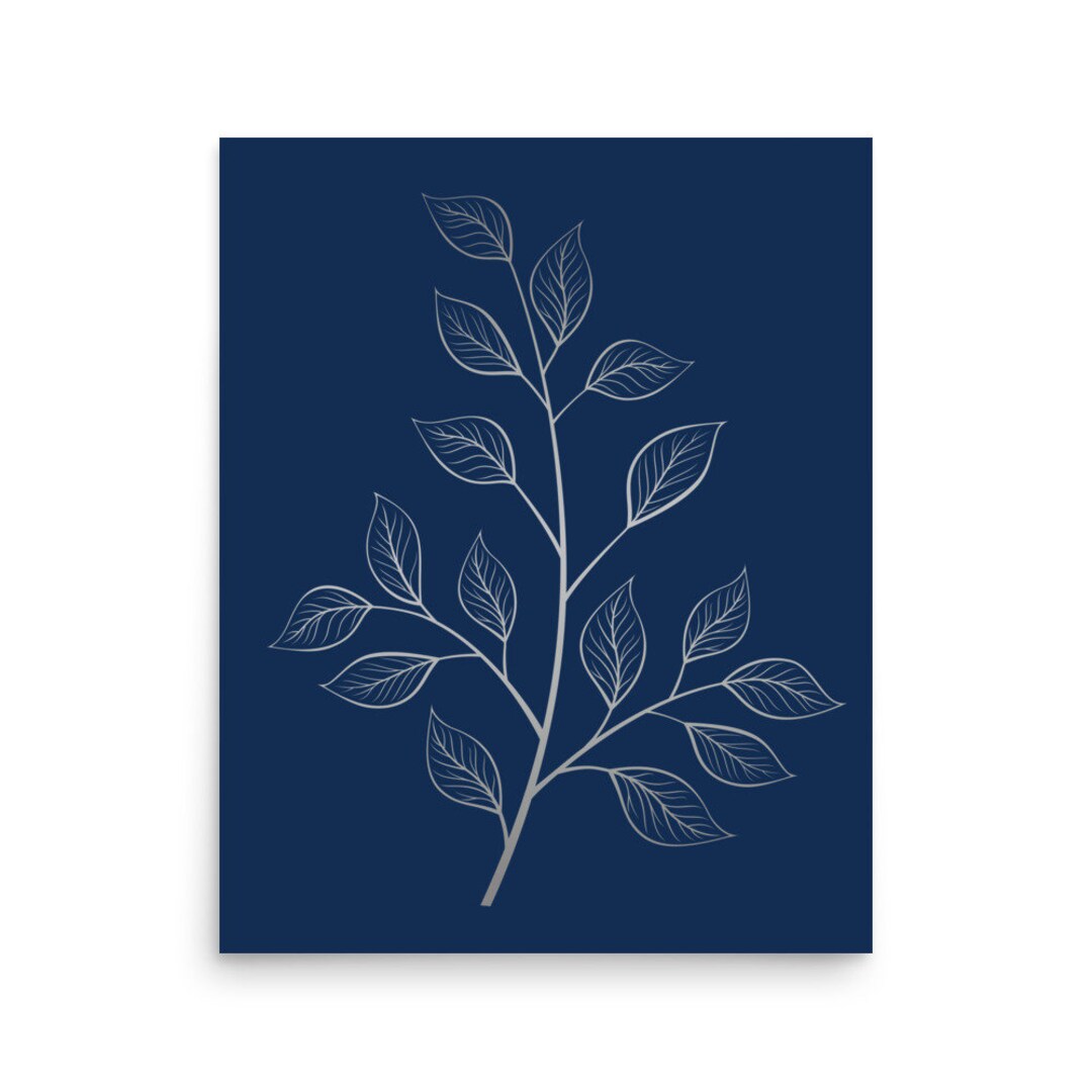 Navy Botanical Wall Art, Silver Leaf Branch Print, Modern Minimalist ...