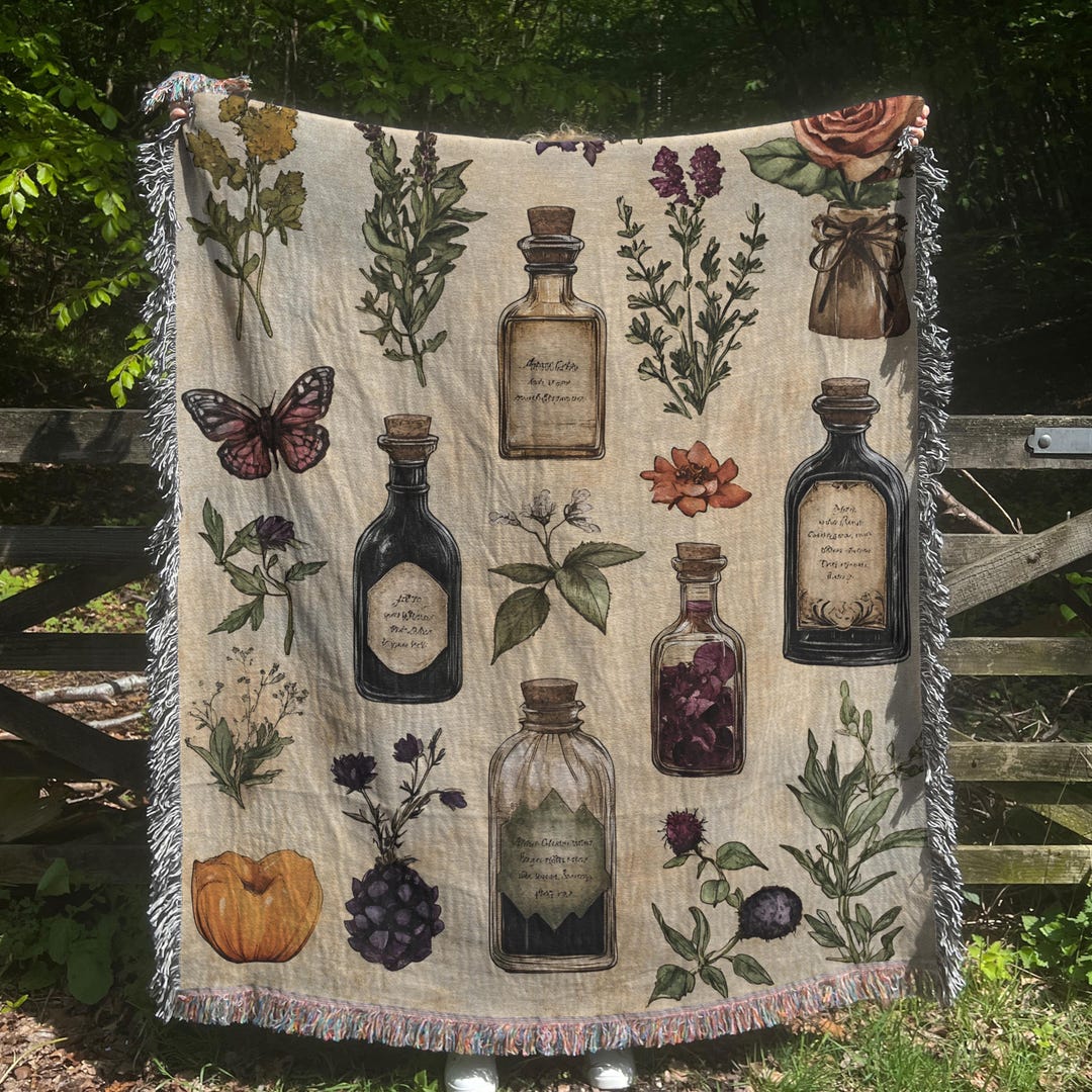 Cottagecore Herbalist Woven Blanket, Apothecary Tapestry, Herbs and ...