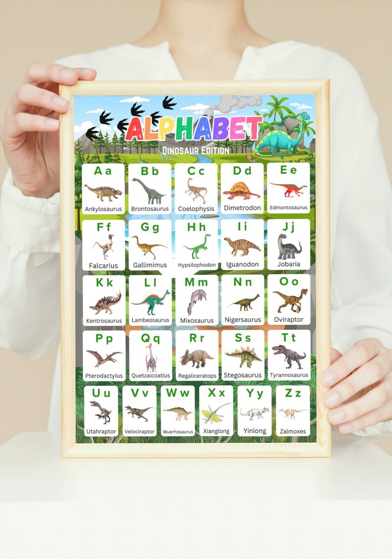 Dinosaur Alphabet Poster Educational Wall Art Classroom Decor Bedroom ...