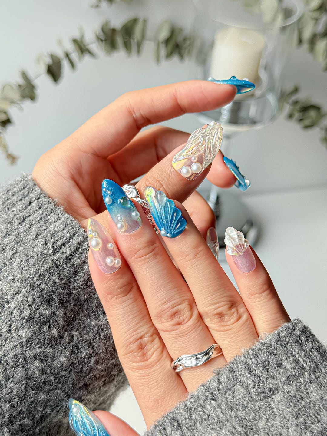 Hand-painted Sea Press on Nails, Blue Shell Nail With Charm, 3D Acrylic ...