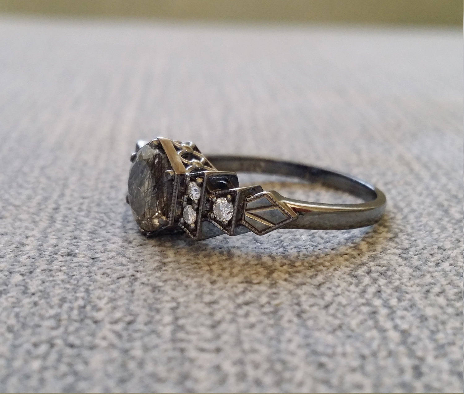 Antique Diamond Black Rhodium Rutilated Quartz Engagement Ring - Etsy