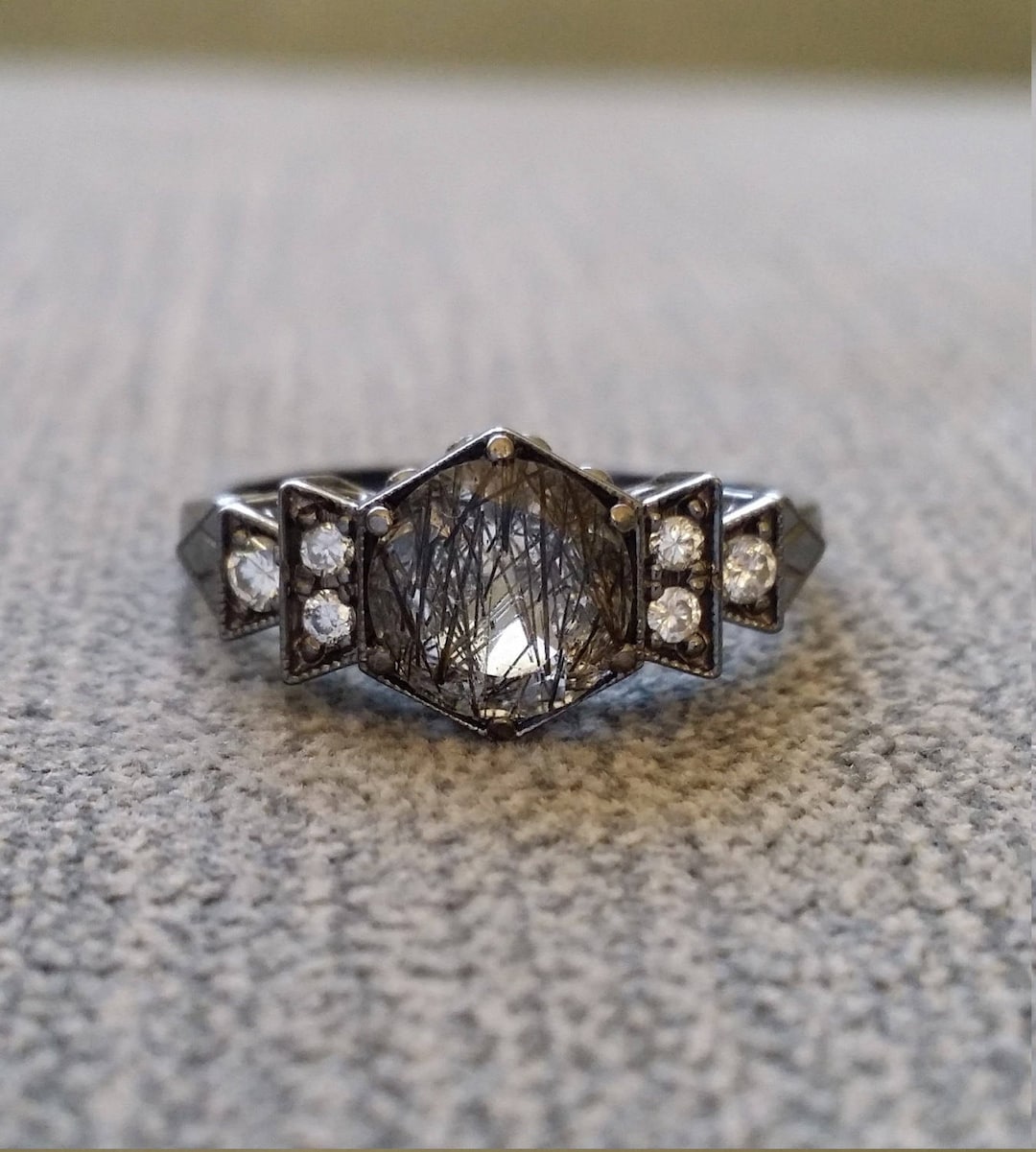 Antique Diamond Black Rhodium Rutilated Quartz Engagement Ring White ...