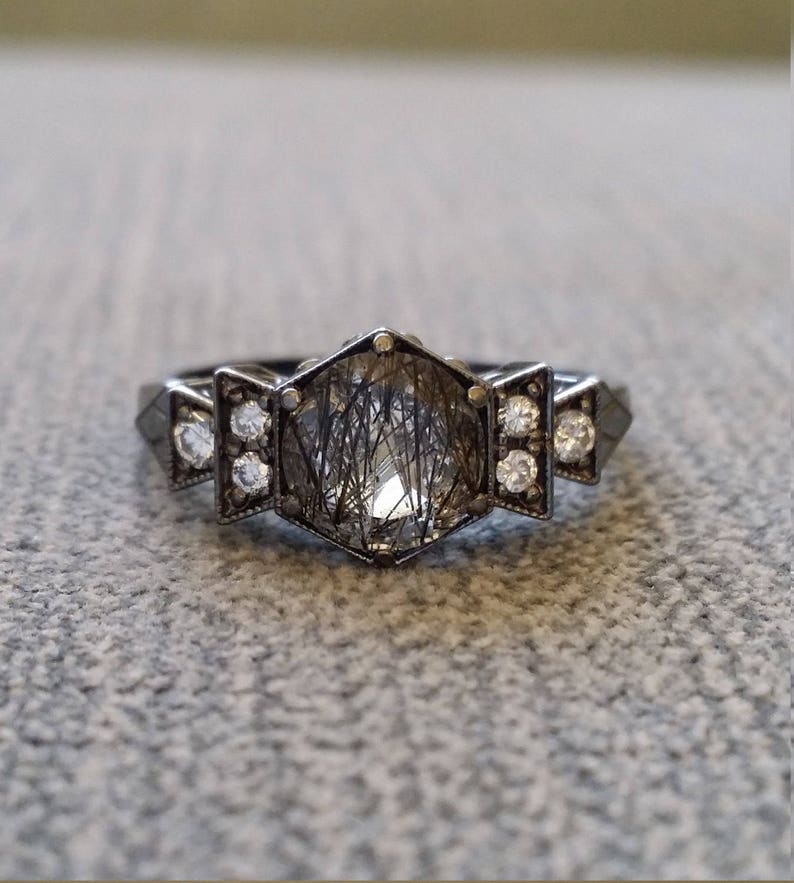 Antique Diamond Black Rhodium Rutilated Quartz Engagement Ring - Etsy