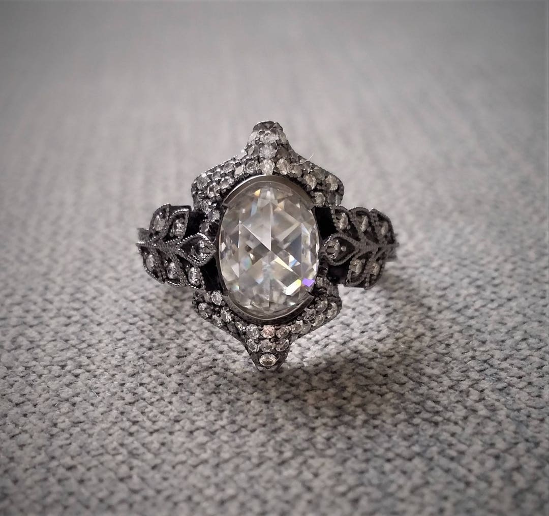 Double Rose Cut All G-H Moissanite Gemstone Engagement Ring Leaf Black ...