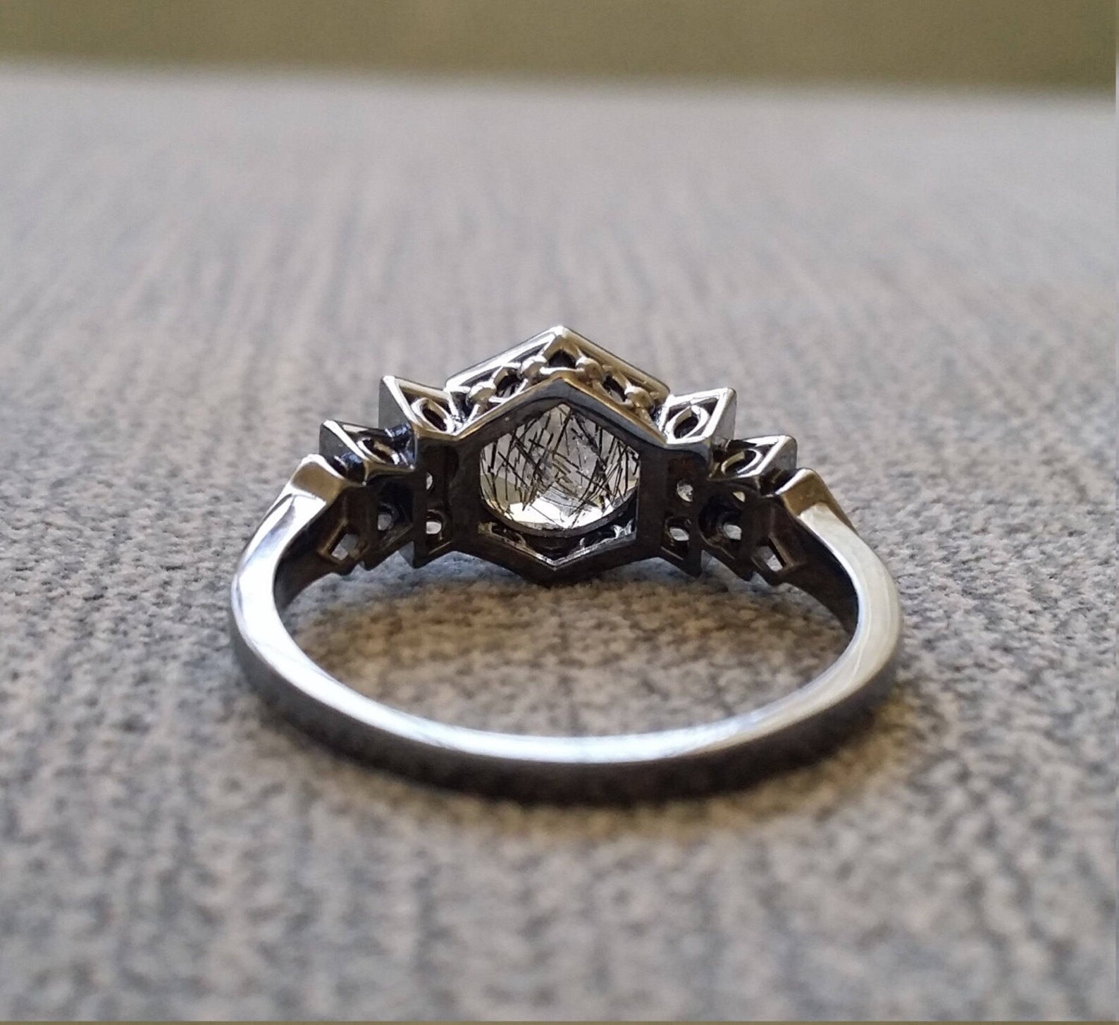 Antique Diamond Black Rhodium Rutilated Quartz Engagement Ring - Etsy
