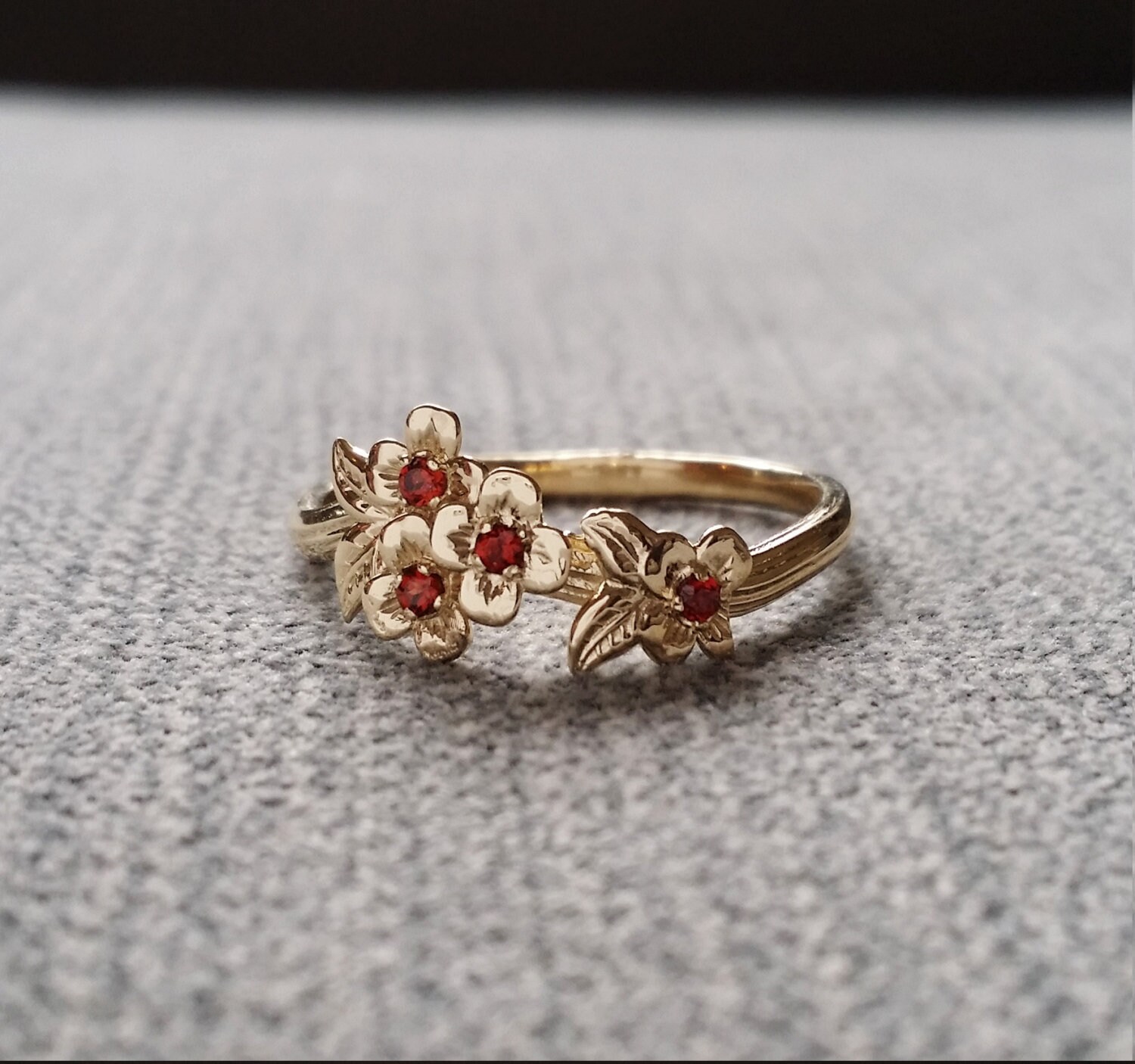 Garnet Gold Flower Engagement Ring Delicate Floral Wedding | Etsy