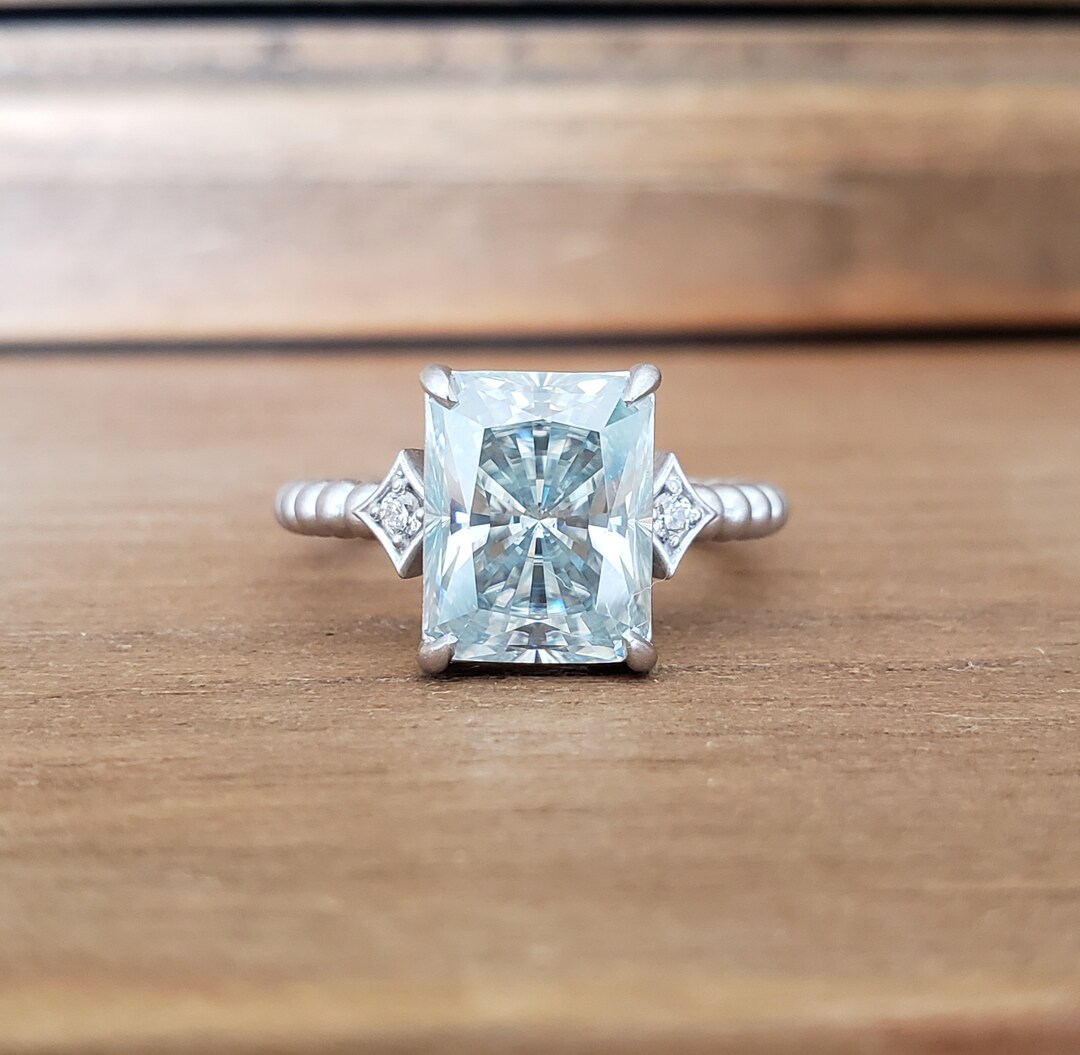 Radiant Cut Ice Blue Satin Finish Diamond Engagement Ring Pastel Modern ...