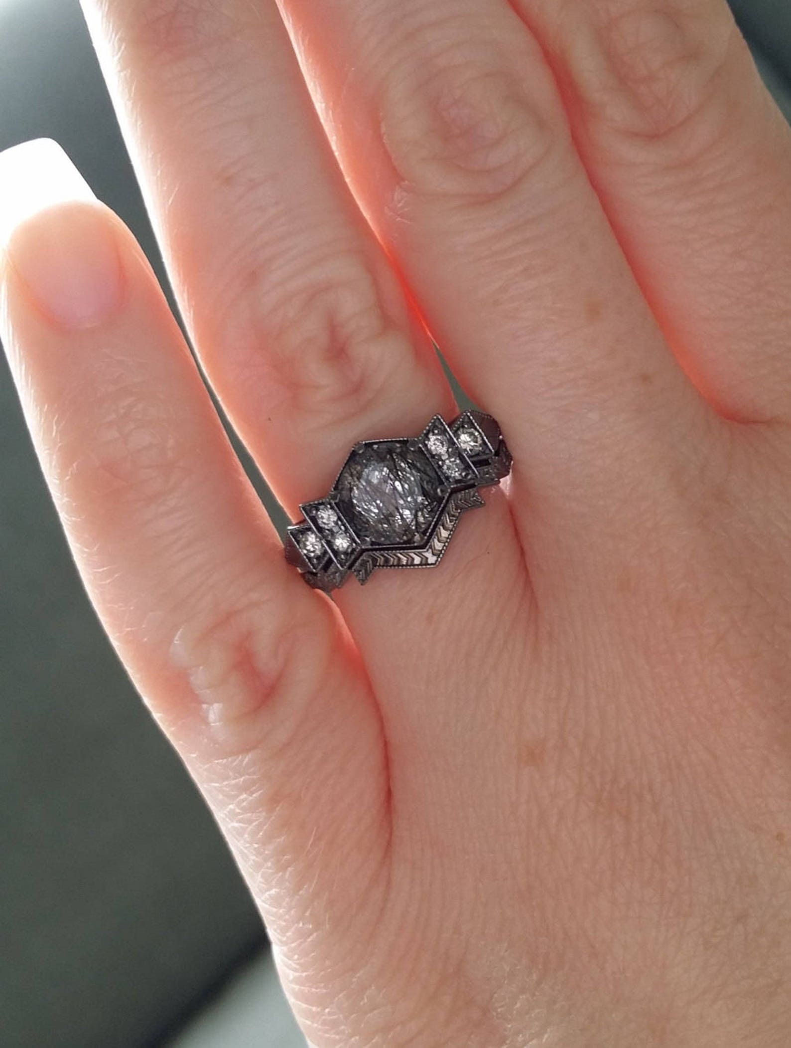 Antique Diamond Black Rhodium Rutilated Quartz Engagement Ring - Etsy