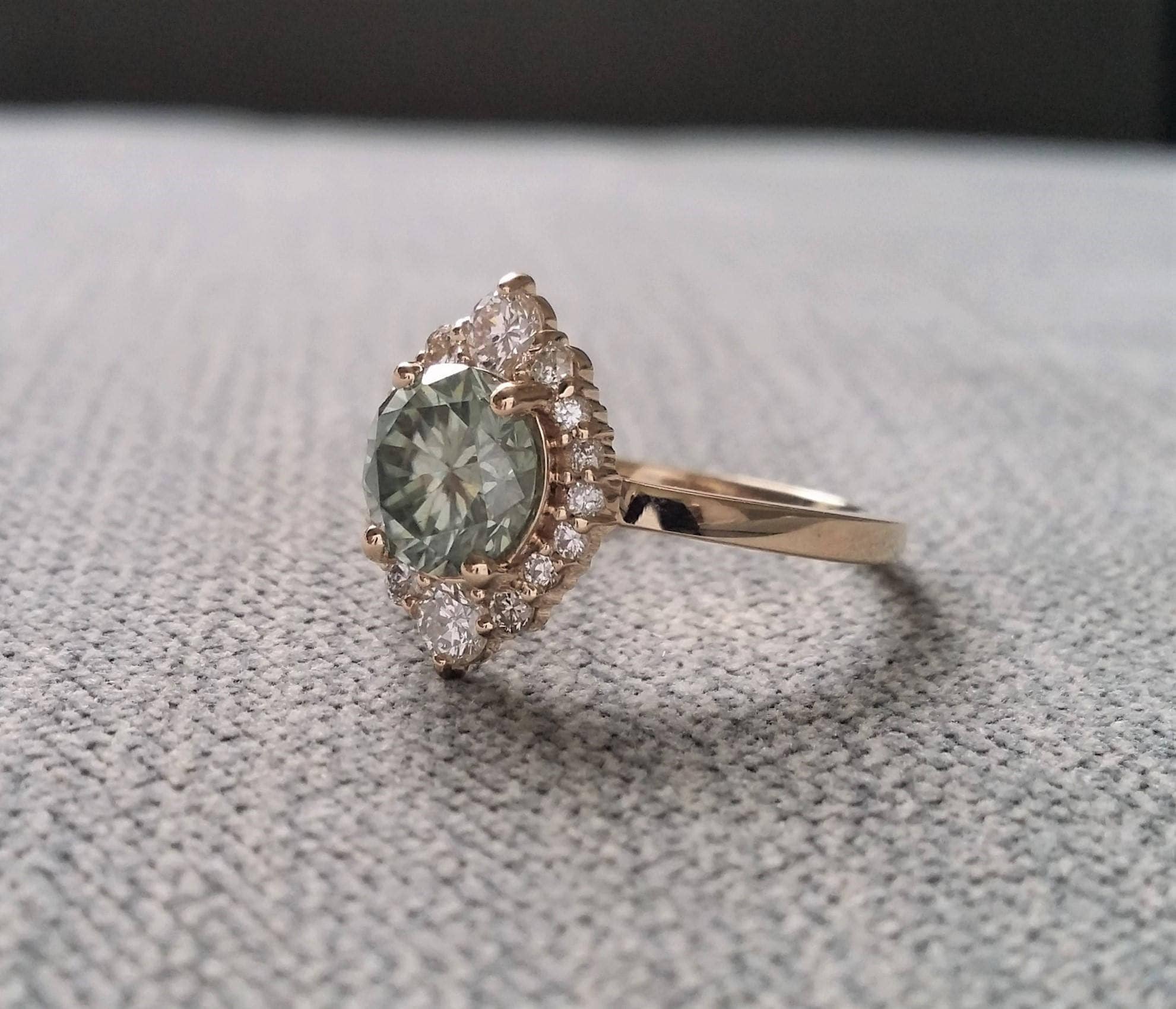 Grey Mint Moissanite Diamond Engagement Ring Halo Bohemian Art | Etsy
