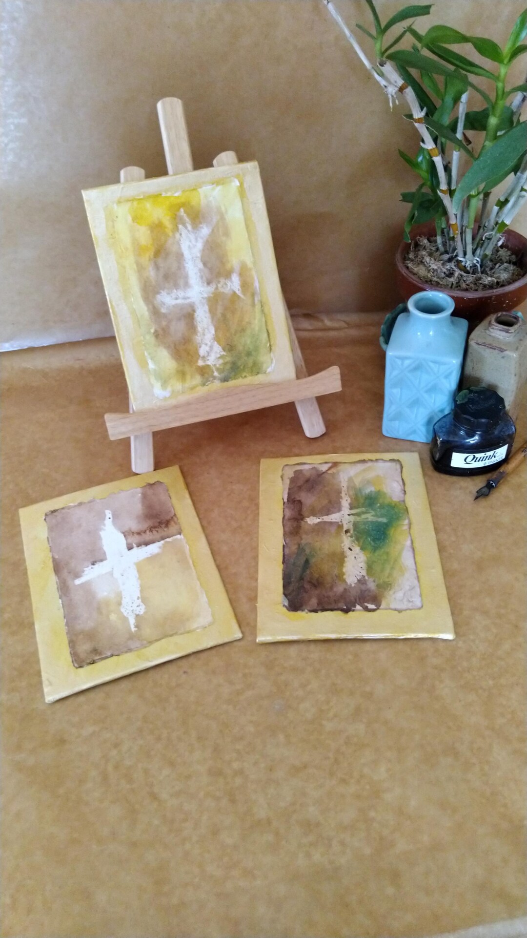 Collection of Three Gold Cross Paintings. Triptych. Three Gold Crosses ...