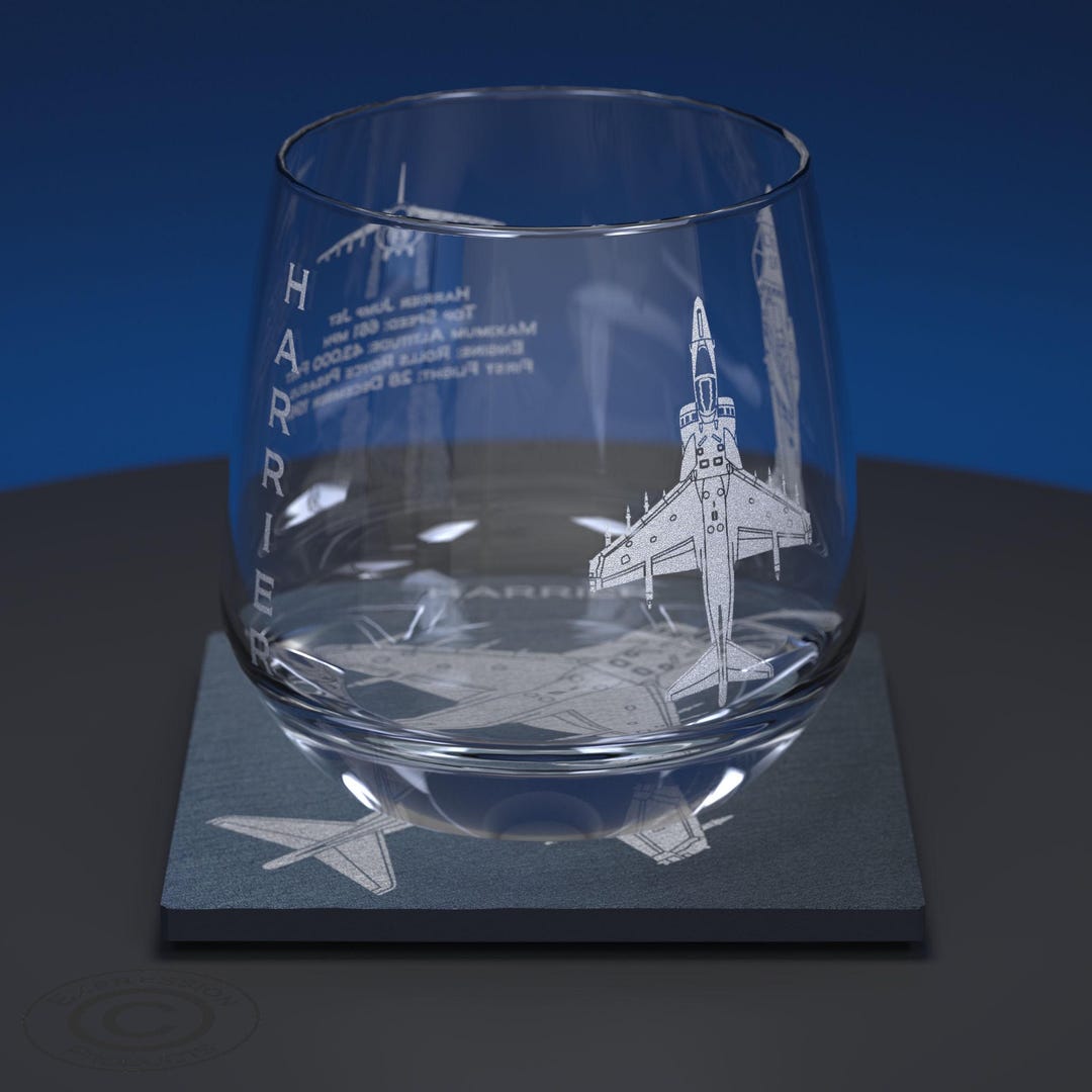 Harrier Jump Jet Engraved Whiskey Tumbler Glass Set With Slate Coaster ...