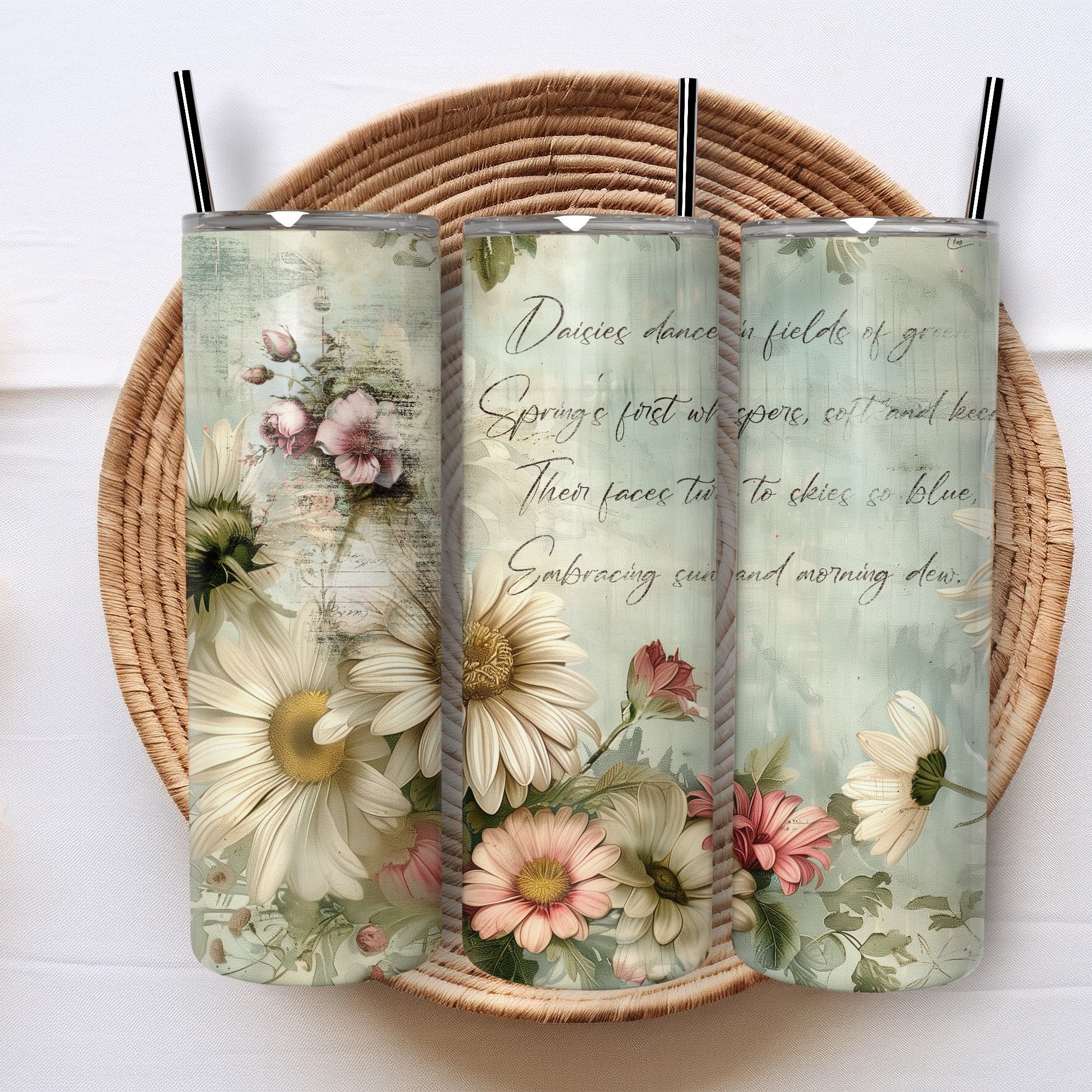 20 Oz Tumbler Wrap, Vintage Floral With Daisies and a Poem, Sublimation ...