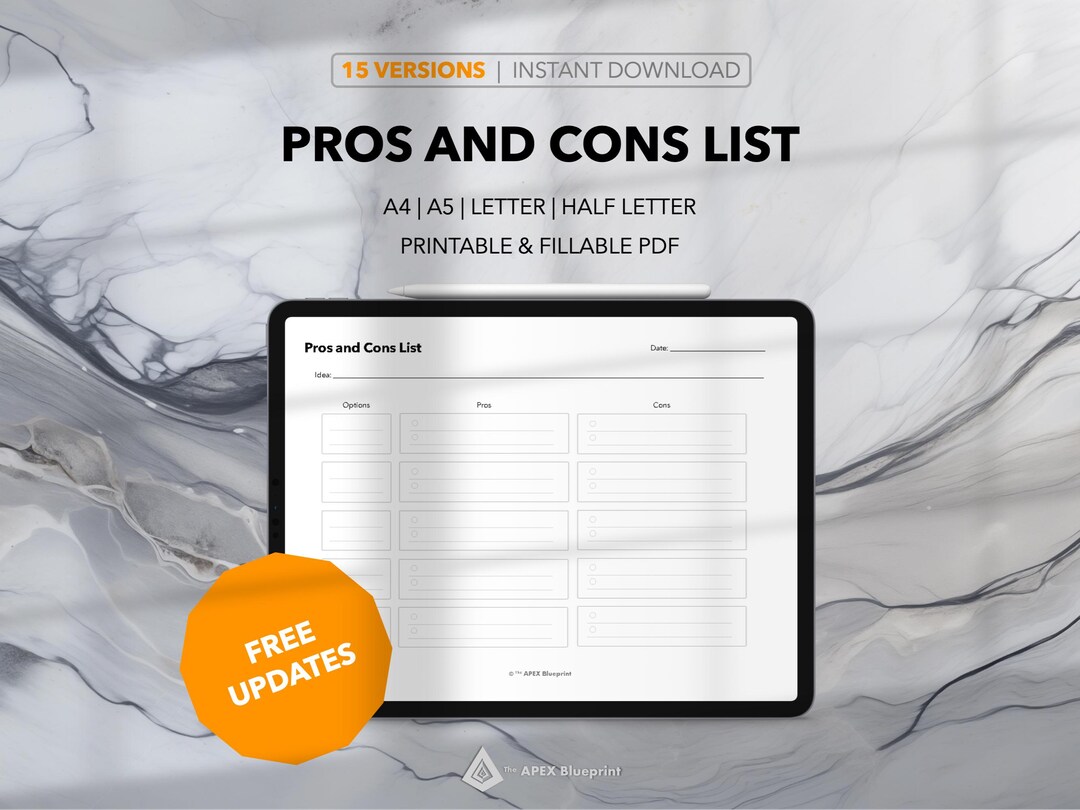 Pros and Cons List Template: Printable Fillable PDF (A4, A5, Letter) - Etsy