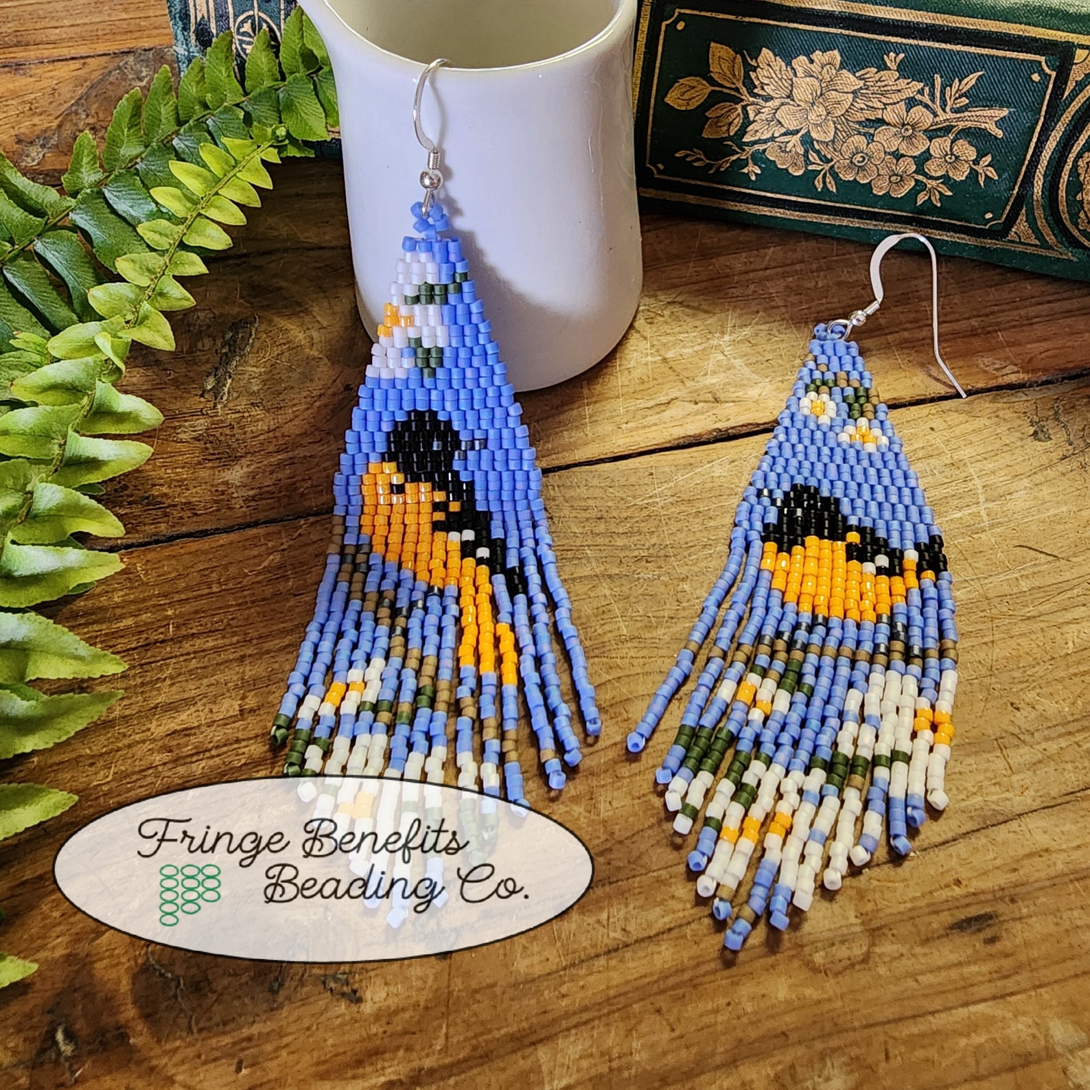 Birds Asymmetrical Baltimore Oriole Beaded Fringe Earrings by Fringe ...