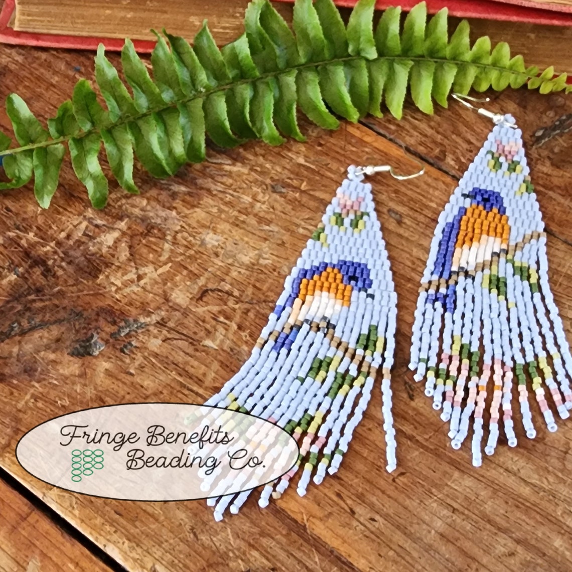 Birds Asymmetrical Eastern Bluebirds Beaded Fringe Earrings by Fringe ...