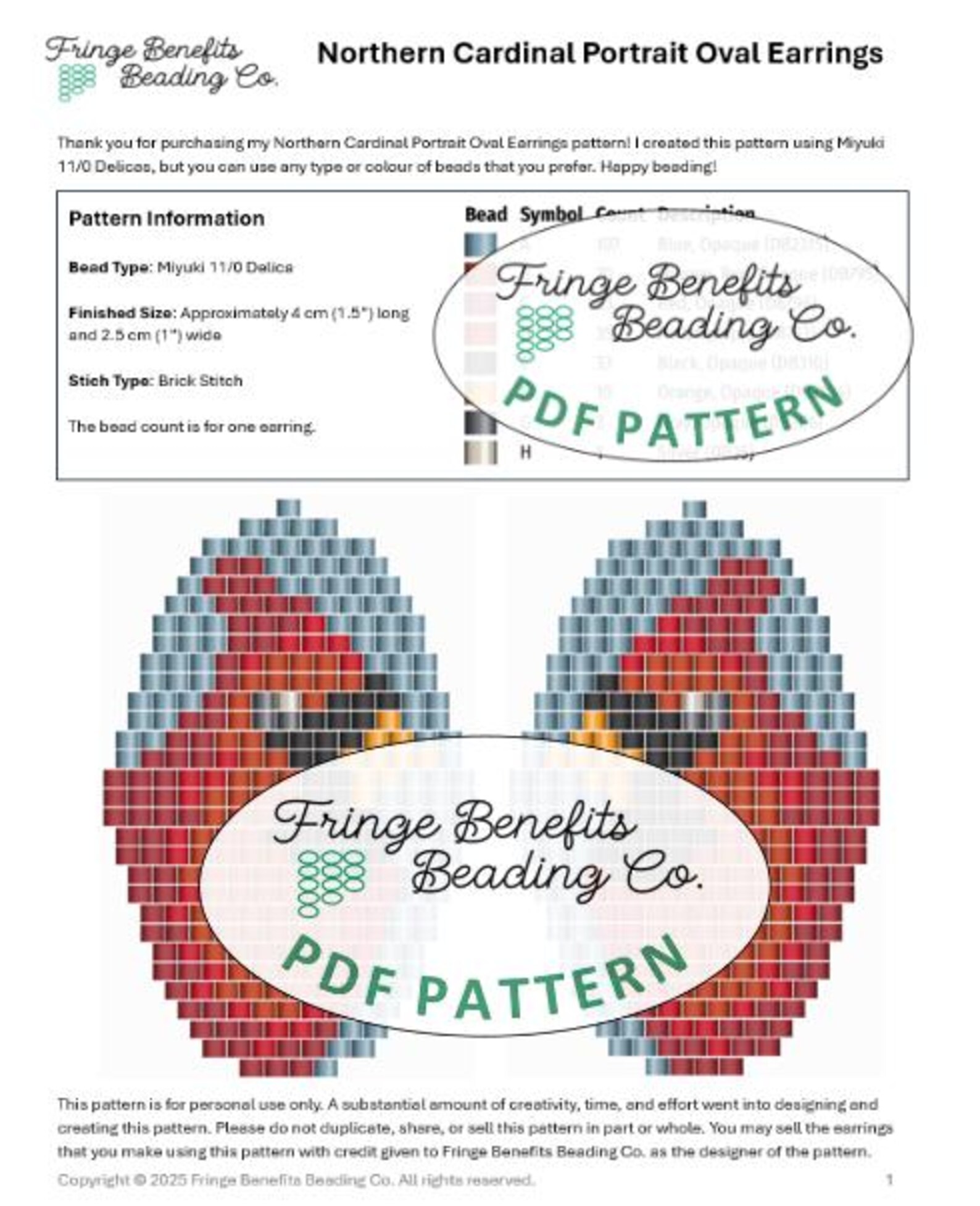 PDF BEADING PATTERN - Northern Cardinal Portrait Beaded Oval Bird ...