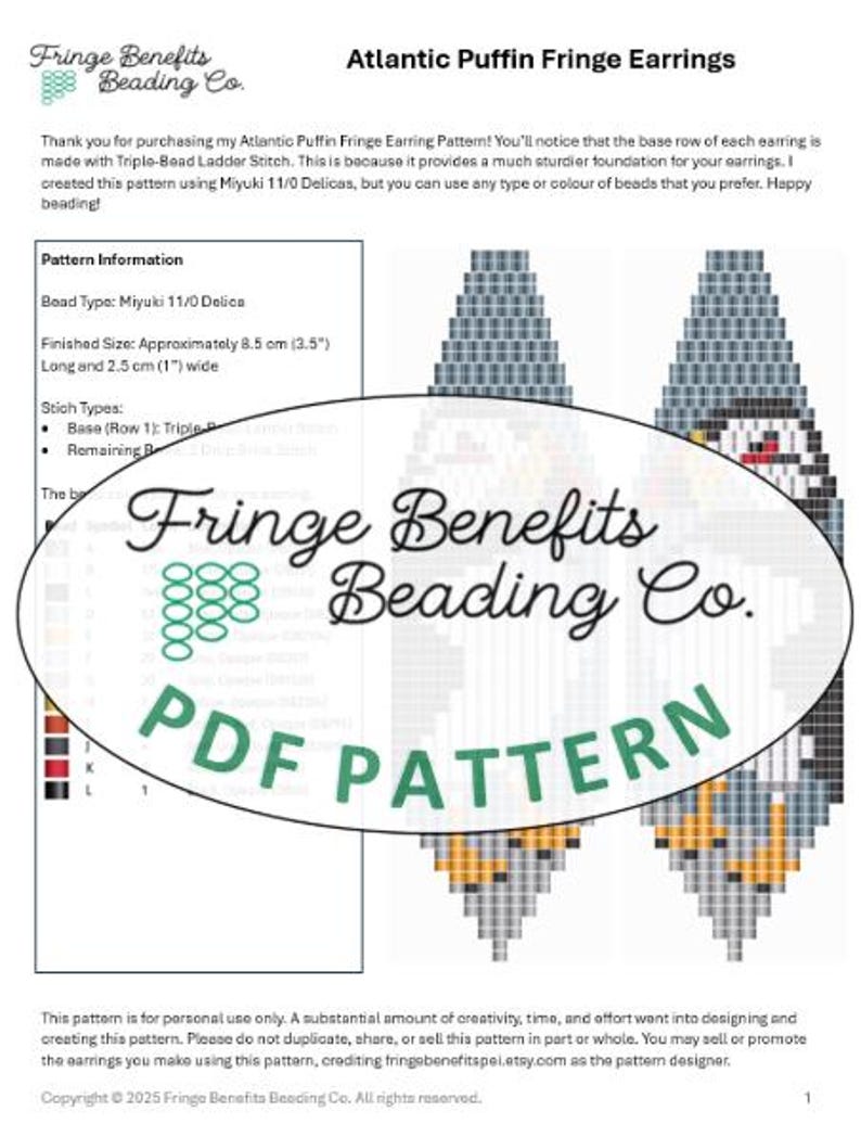 PDF BEADING PATTERN - Atlantic Puffin Beaded Bird Fringe Earring ...