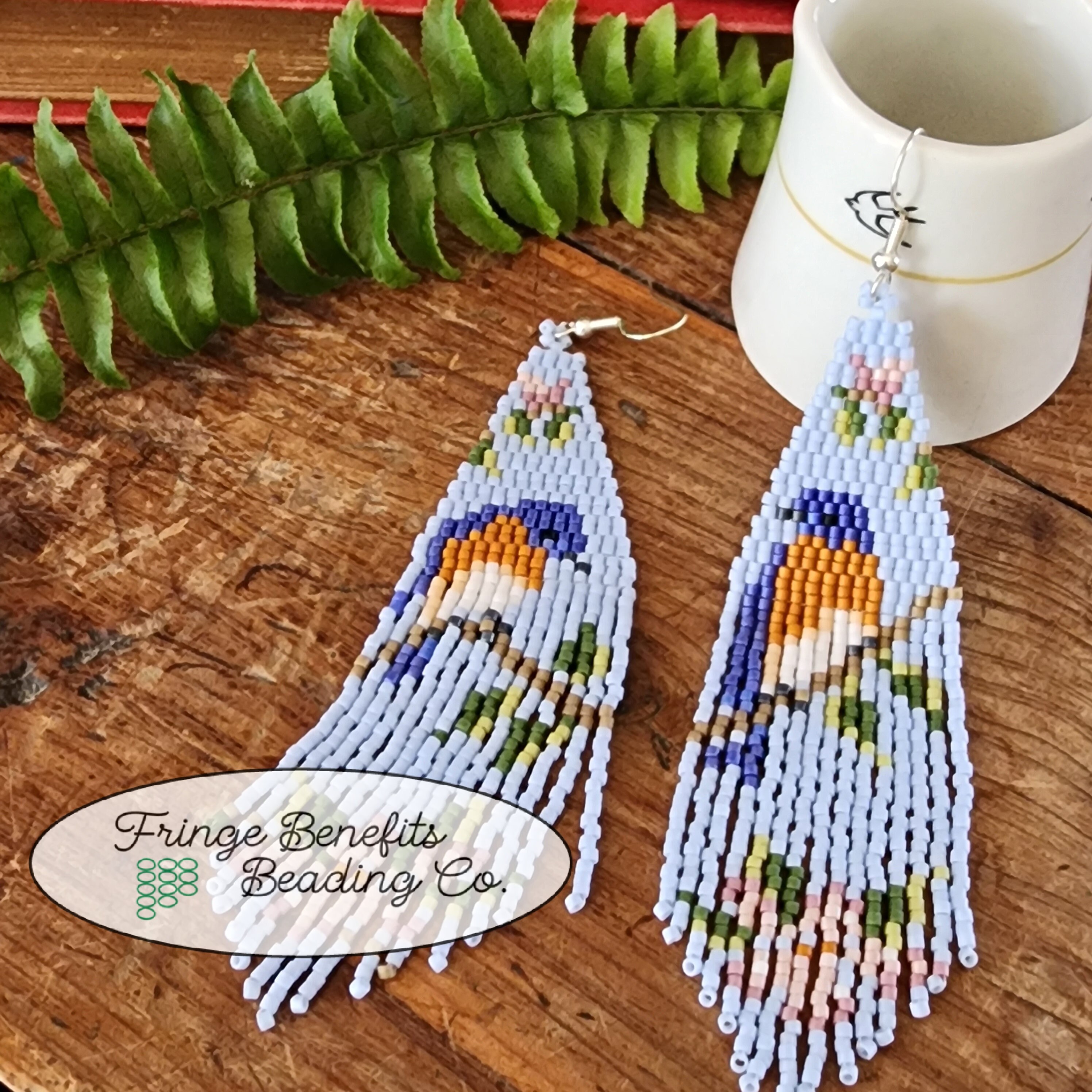 Birds Asymmetrical Eastern Bluebirds Beaded Fringe Earrings by Fringe ...