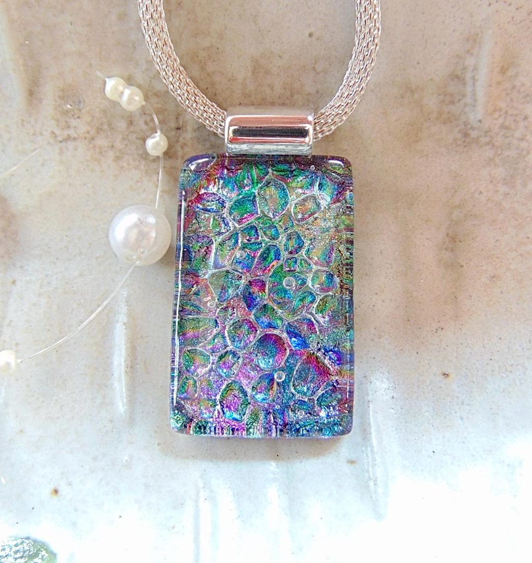 Green Necklace, Blue, Pink, Dichroic Pendant, Fused Glass Jewelry ...