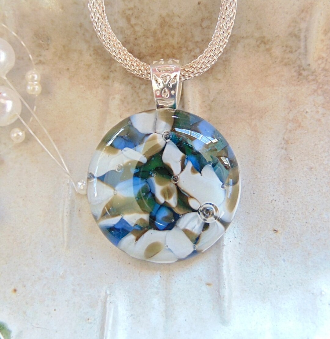 Reactive Glass Necklace, Blue, White, Gray, Fused Glass Jewelry, Glass ...