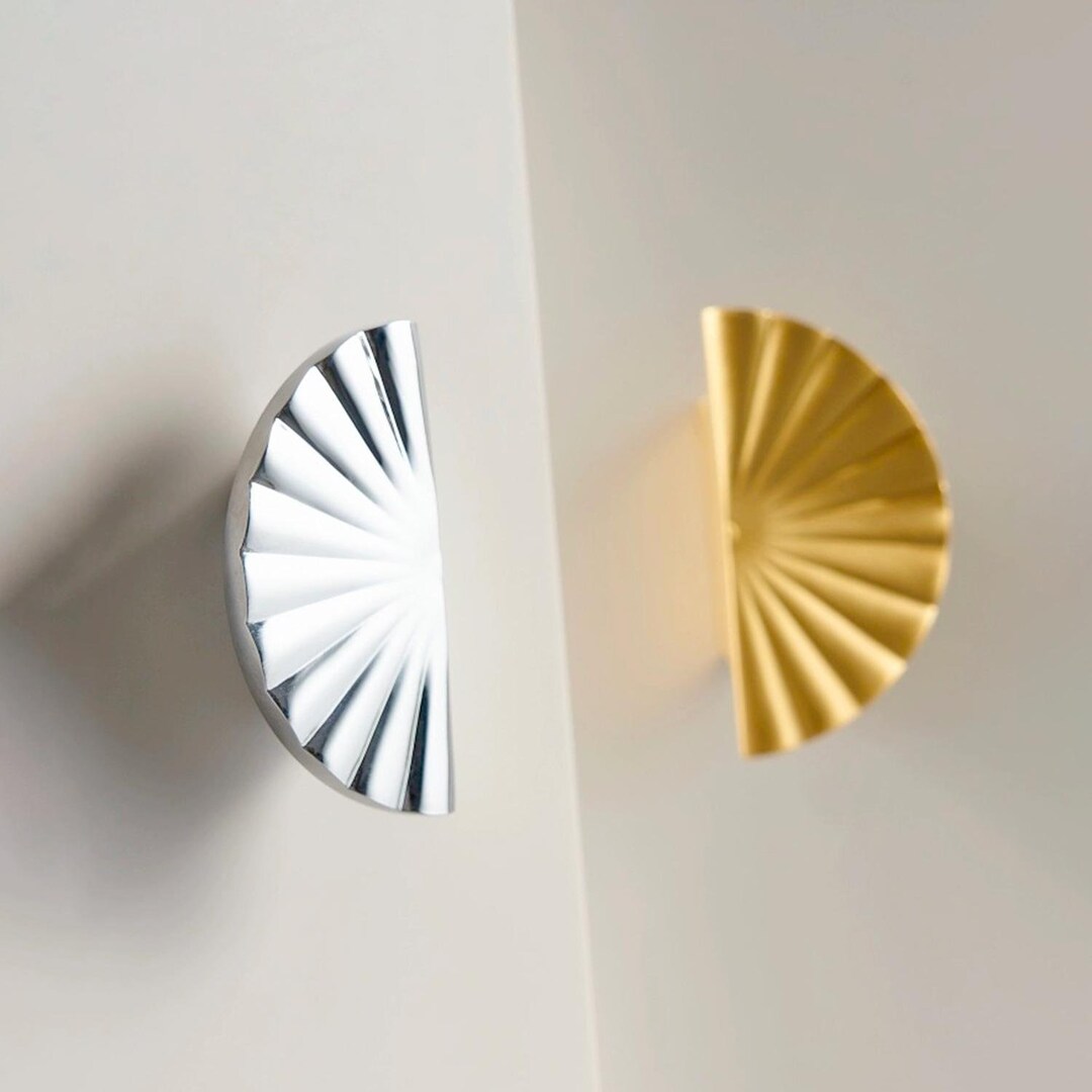 Solid Brass Fan Knobs, Gold and Silver, Textured Dresser Knobs, Half-circle Door Knobs ...