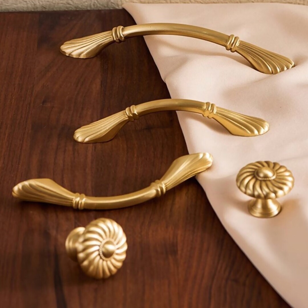 Solid Brass Curved Cabinet Pulls Elegant Brass Knobs and Pulls for Cabinet Doors Gold Decorative ...