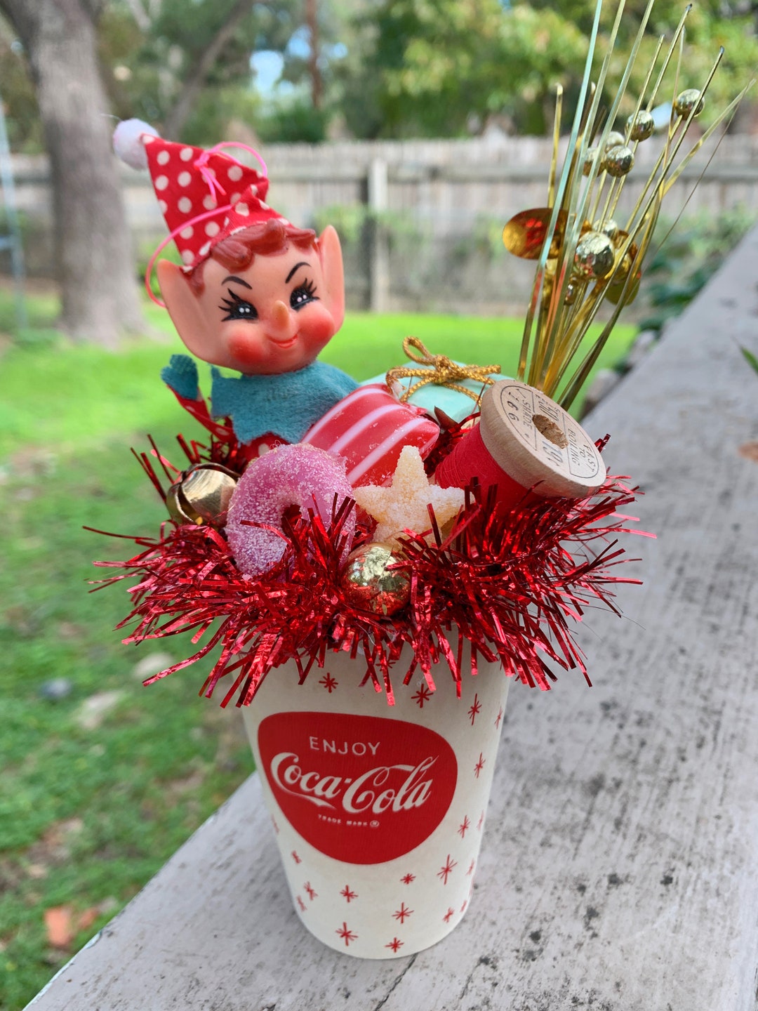 Vintage Rubber Faced Pixie Elf Kitschy Christmas Assemblage Diorama ...