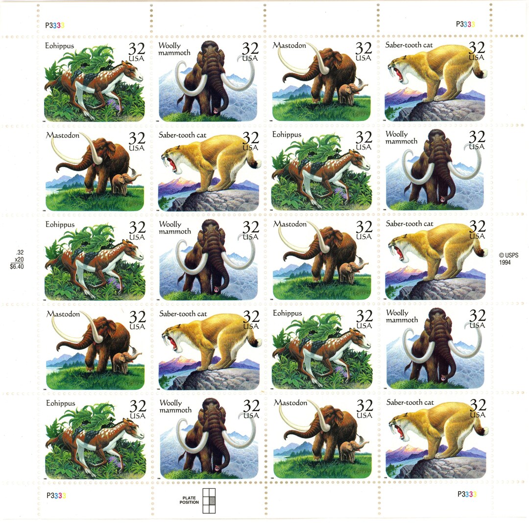 Pre-historic Animals 32c Unused Vintage Postage Stamps, Sheet of 20 ...