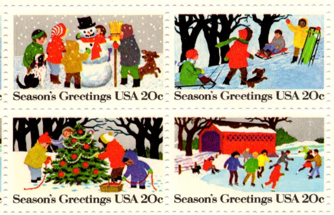 Vintage Children Playing in Snow Postage Stamps, 1982 Seasons Greetings ...