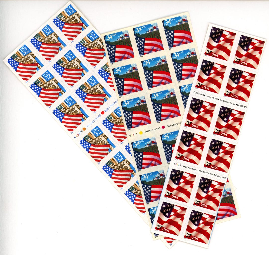 Patriotic American Flag Vintage Unused Postage Stamps, 32 Cent, 34 Cent ...