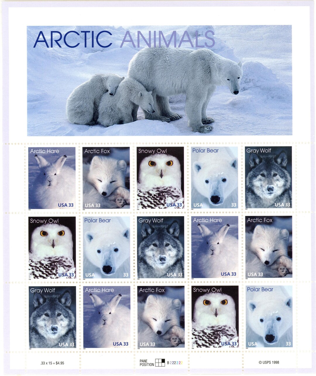 Fifteen Vintage 33c Arctic Animals Postage Stamps, Arctic Hare, Arctic ...