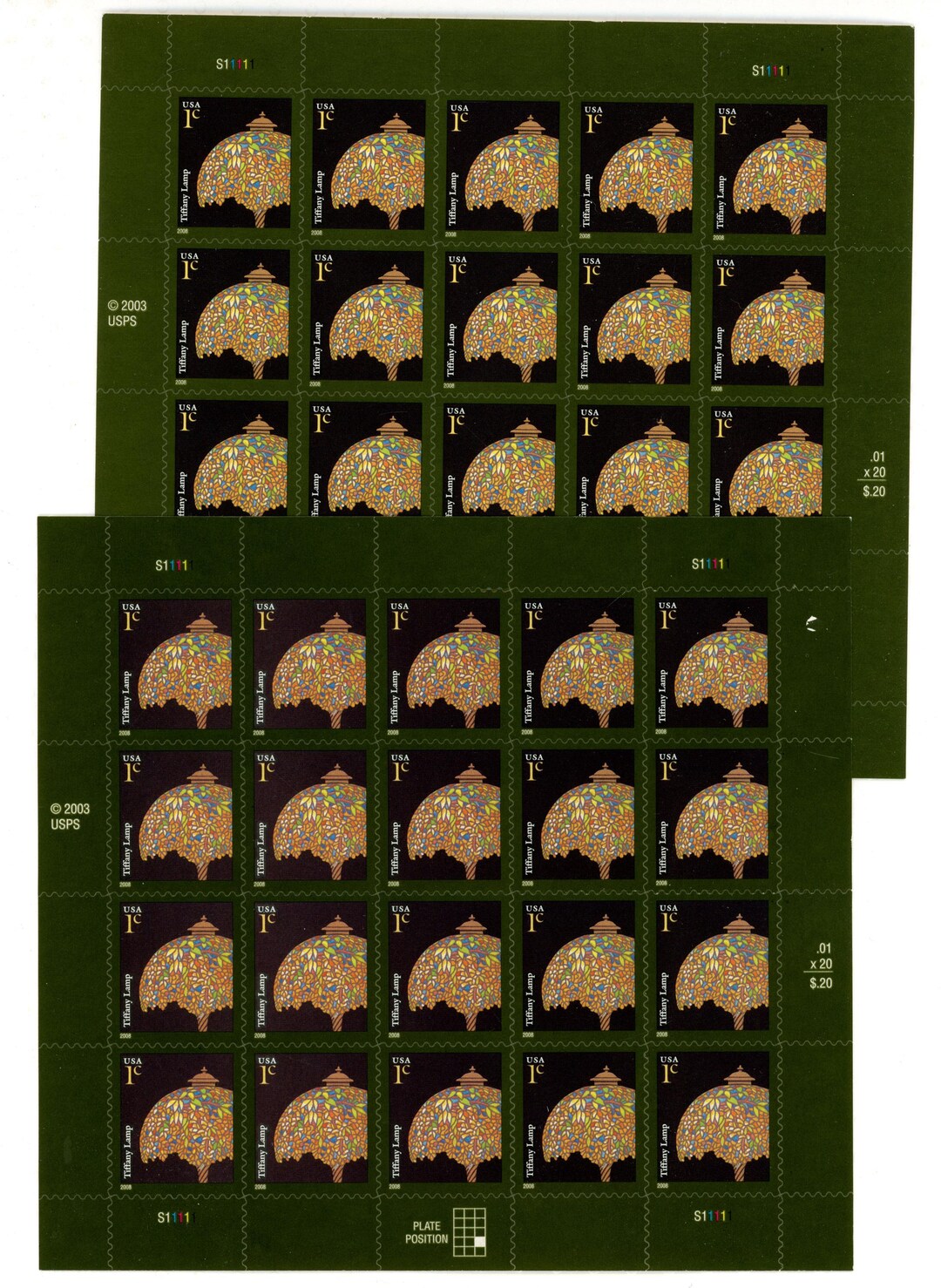 40 Tiffany Lamp 1c Vintage Self- Adhesive Postage Stamps, Louis Comfort ...