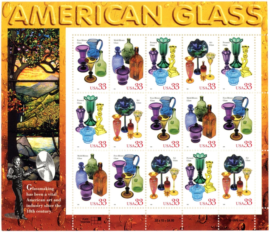 Fifteen 33c American Glass Vintage Postage Stamps, Bright and Colorful ...