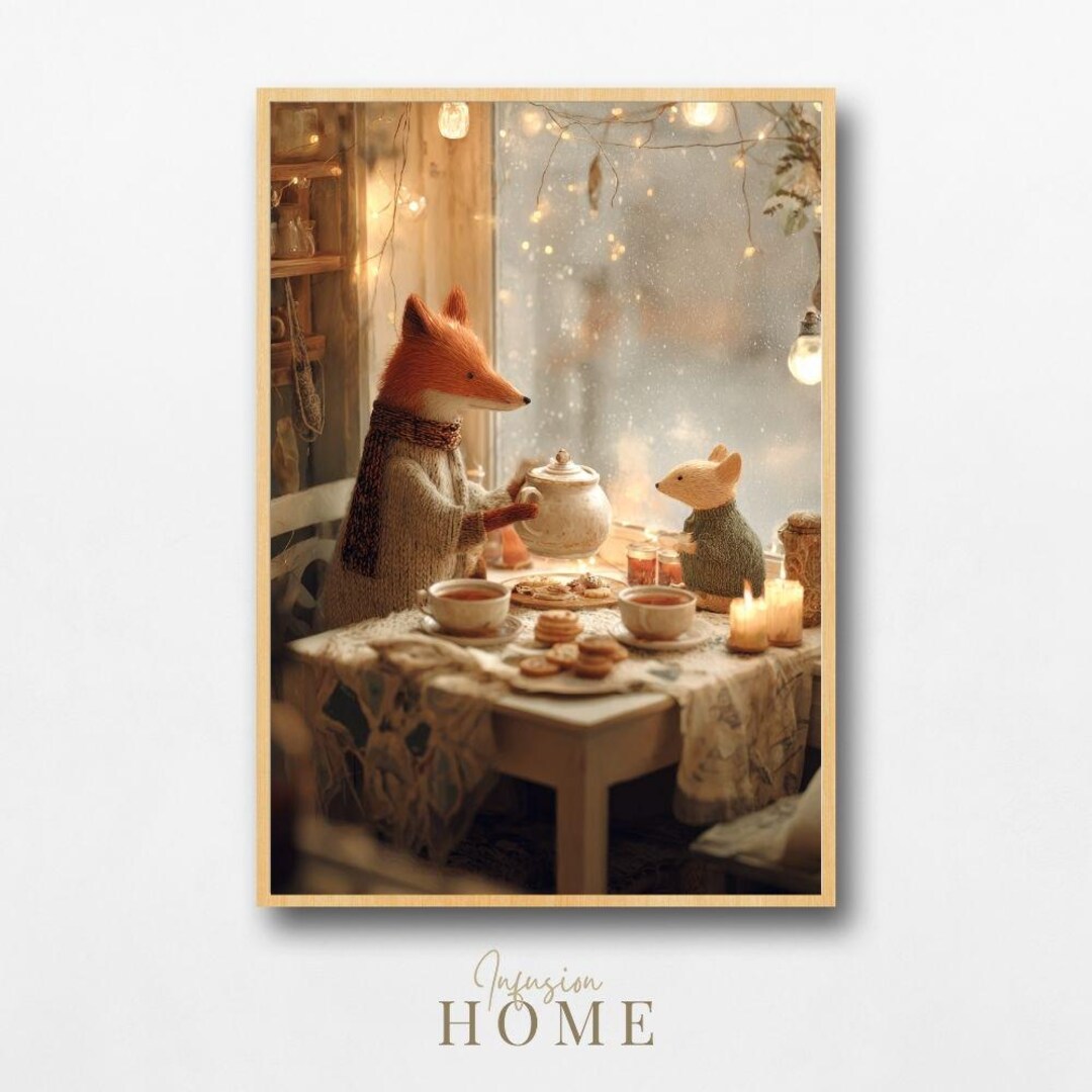 Woodland Animal Tea Time Art Printable for Cozy Winter Decor Digital ...